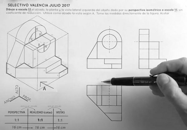 Perspectiva caballera y vista de perfil de pieza - Dibujo Técnico